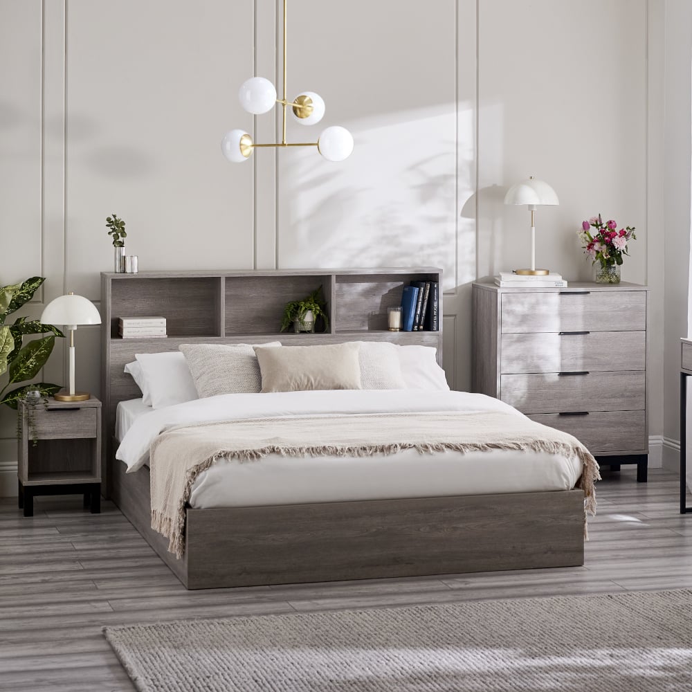 Bali Grey Oak Wooden Bookcase Ottoman Storage Bed | Happy Beds