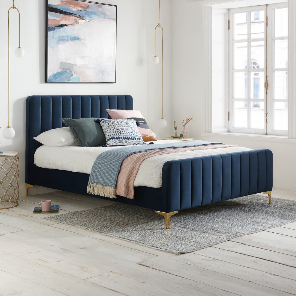 Hanam Midnight Blue Velvet Bed | Happy Beds