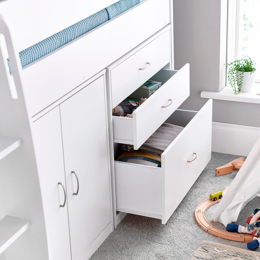 Lacy White Wooden Storage Midsleeper Bed | Happy Beds