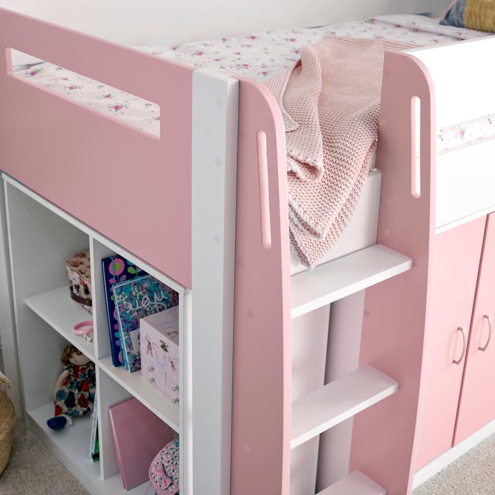 Lacy White/Pink Wooden Storage Midsleeper Bed | Happy Beds