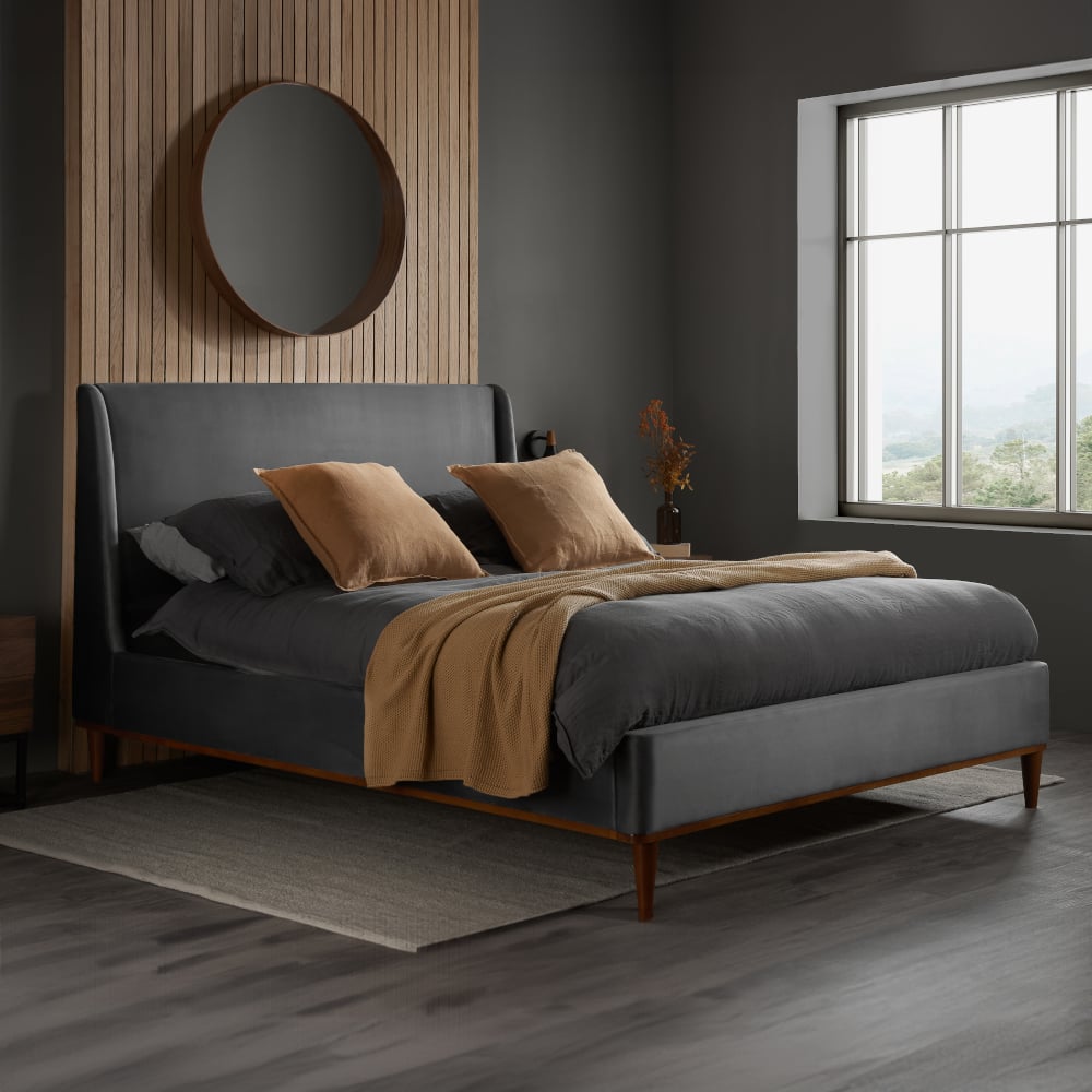 Lincoln Grey Velvet Winged Bed | Happy Beds