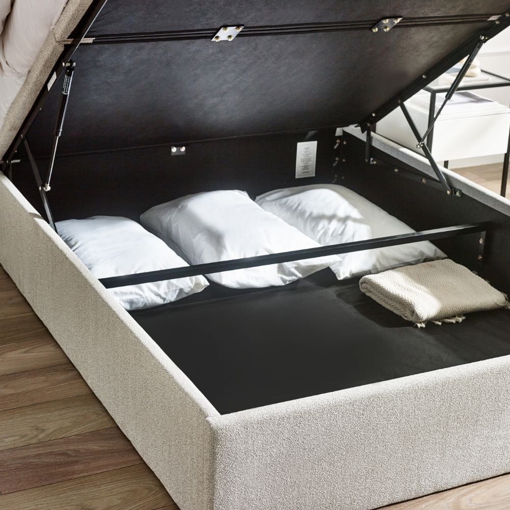 Paige White Fabric Ottoman Storage Hotel Bed | Happy Beds