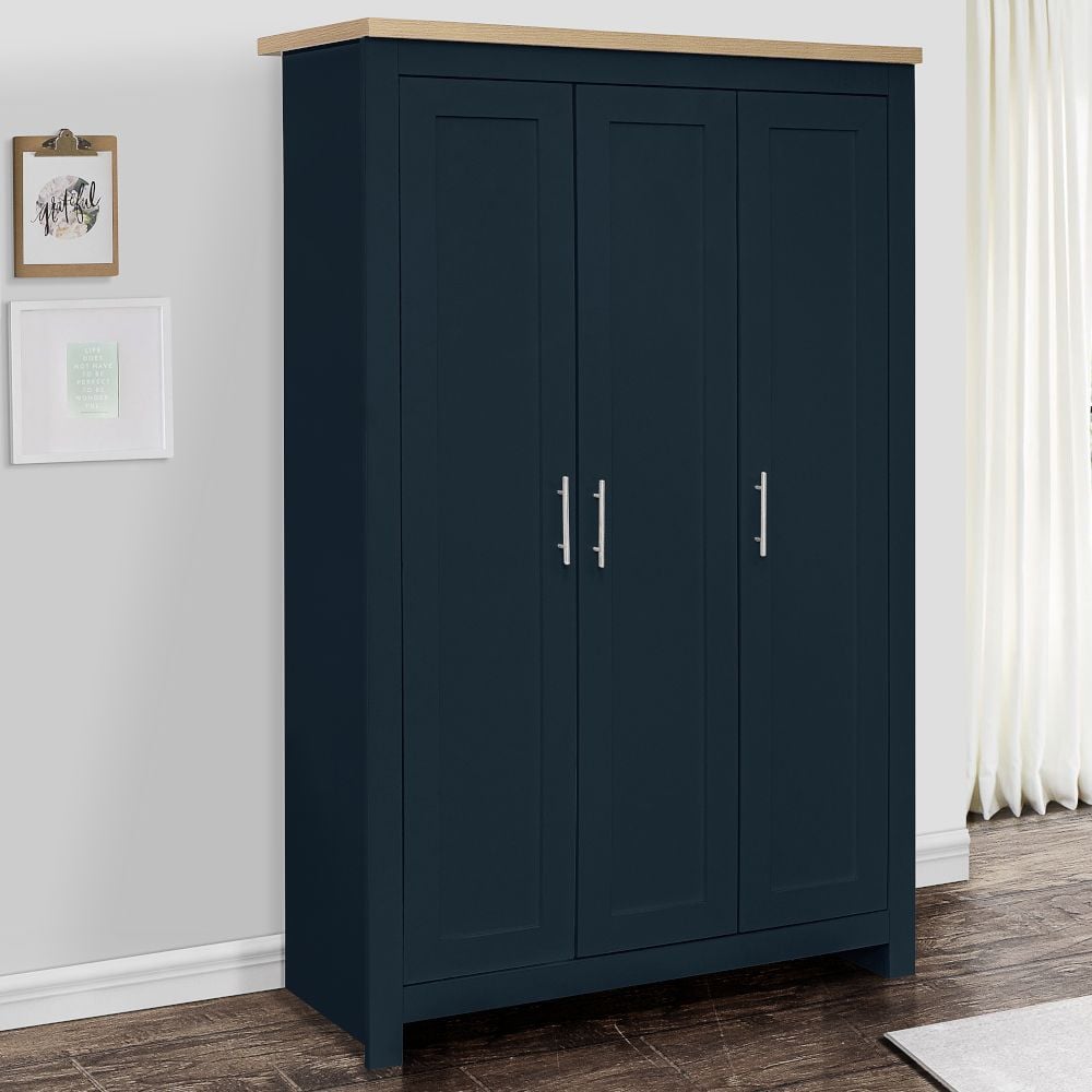 Highgate Navy Blue/Oak Wooden 3 Door Wardrobe | Happy Beds
