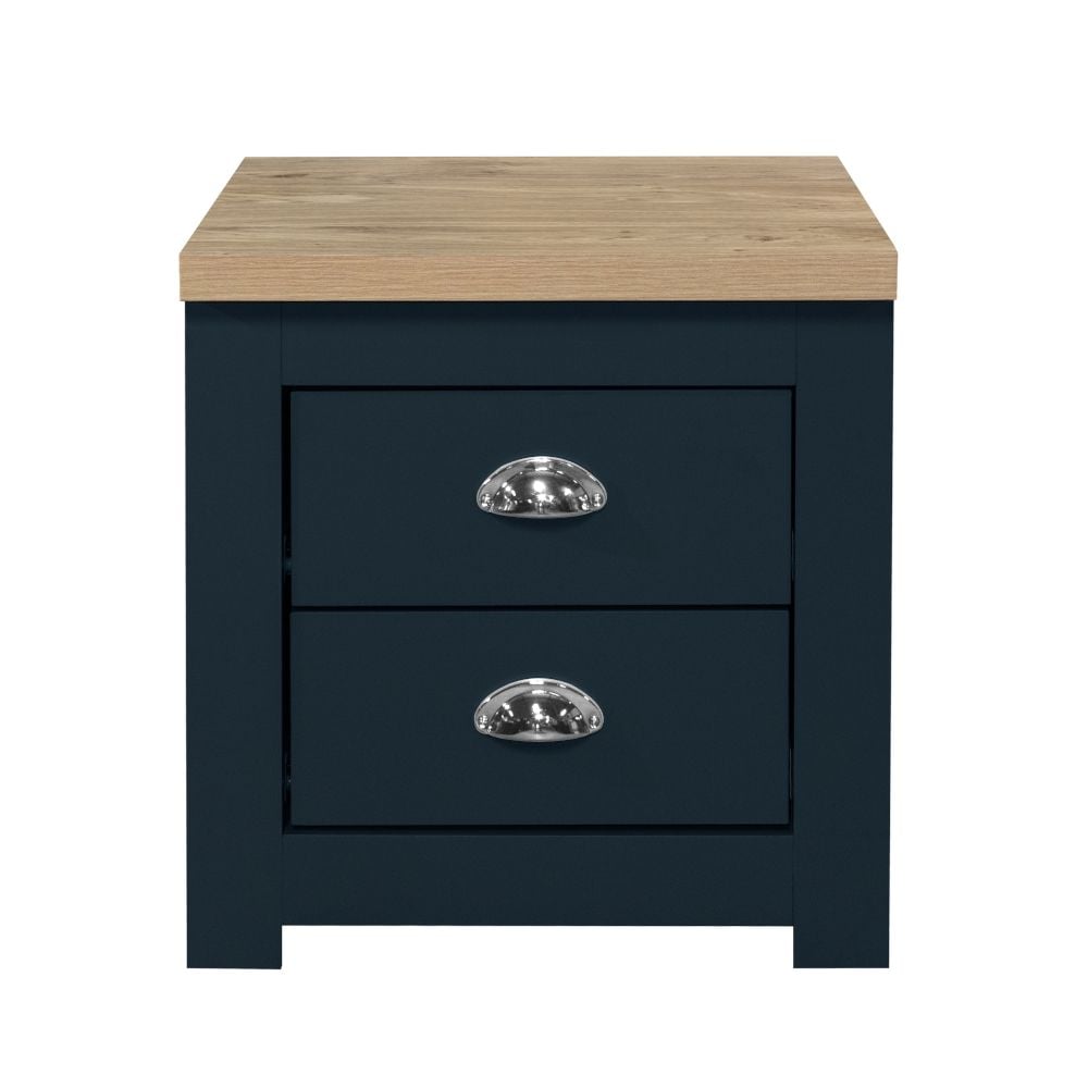 Highgate Navy Blue and Oak Wooden 2 Drawer Bedside Table