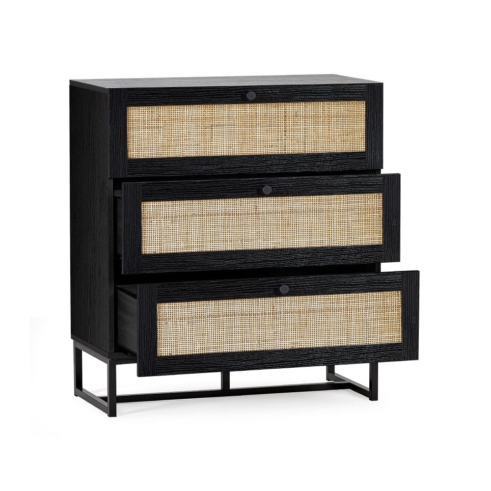 Padstow Black Rattan 3 Drawer Wooden Chest