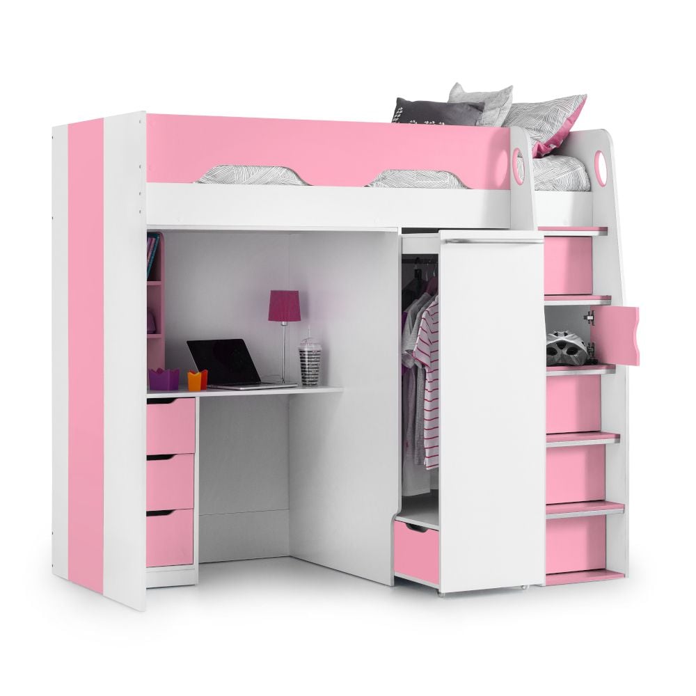 Pegasus Pink and White Wooden High Sleeper | Happy Beds