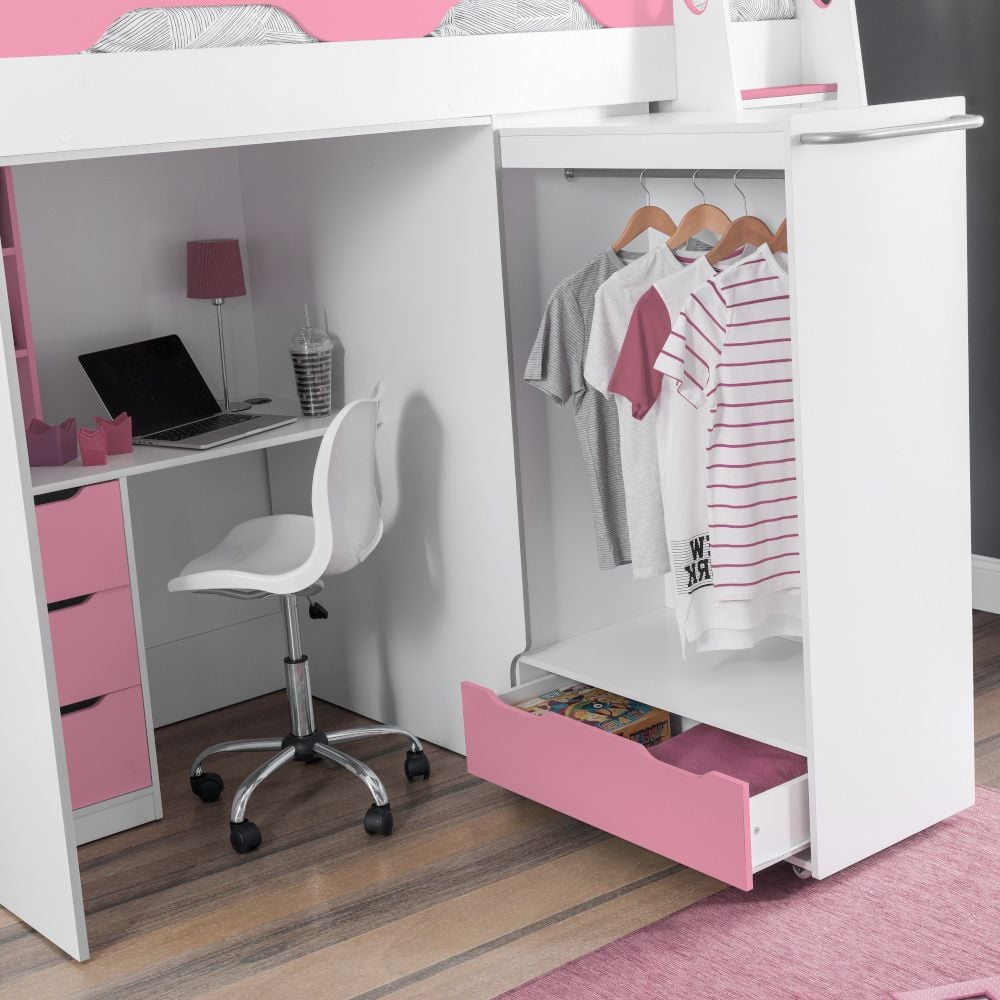 Pegasus Pink and White Wooden High Sleeper | Happy Beds