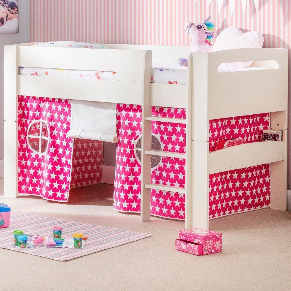 Pluto White Mid Sleeper with Pink Tent | Happy Beds