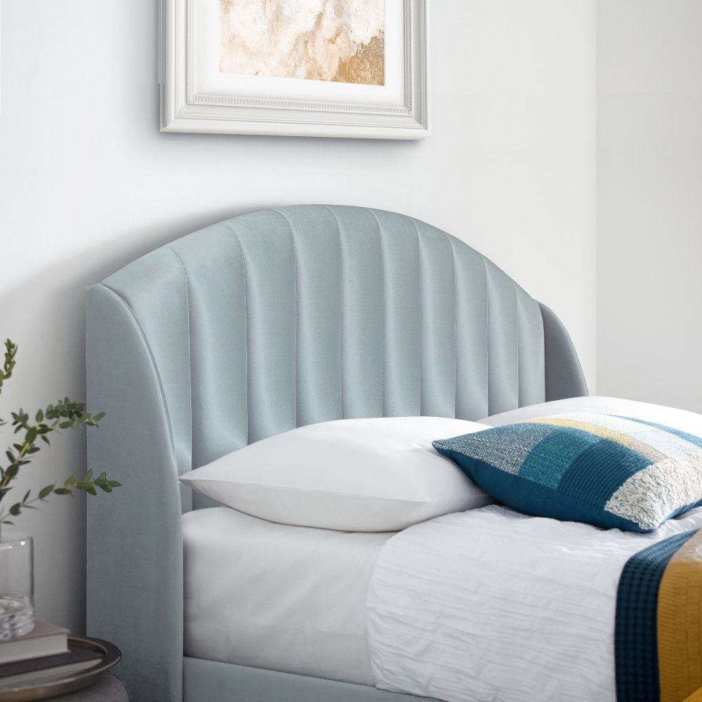 Sandy Blue Velvet Ottoman Storage Bed | Happy Beds