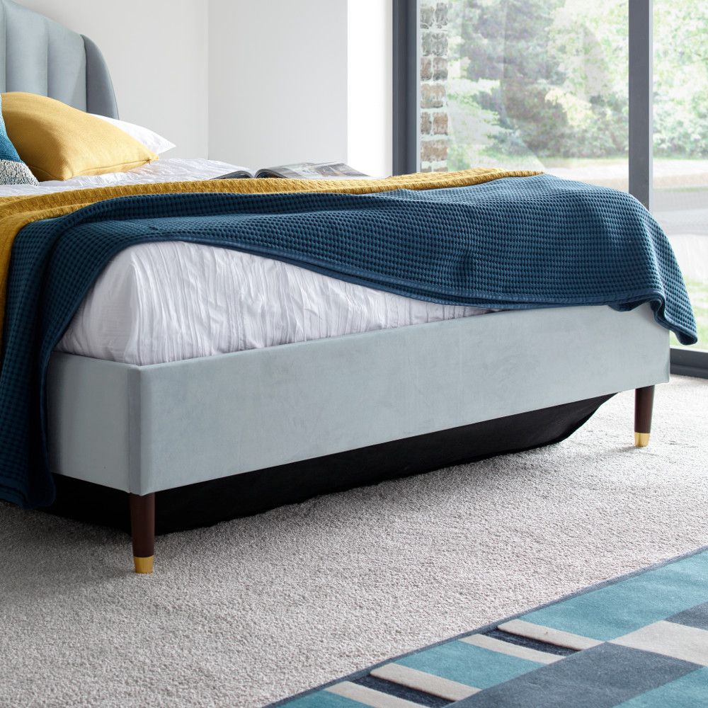 Sandy Blue Velvet Ottoman Storage Bed | Happy Beds