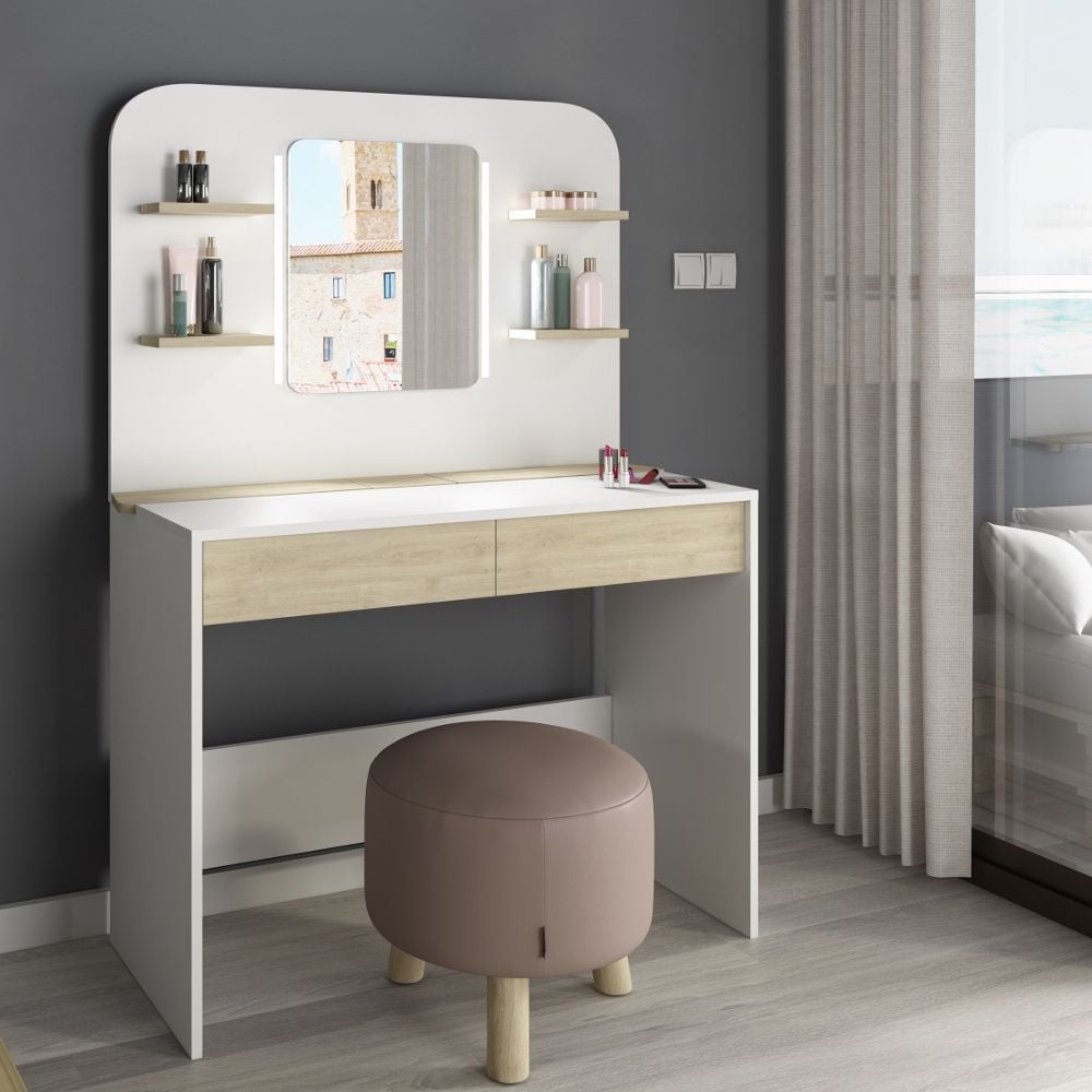 Secret Vanity Oak and White Wooden Dressing Table | Happy Beds