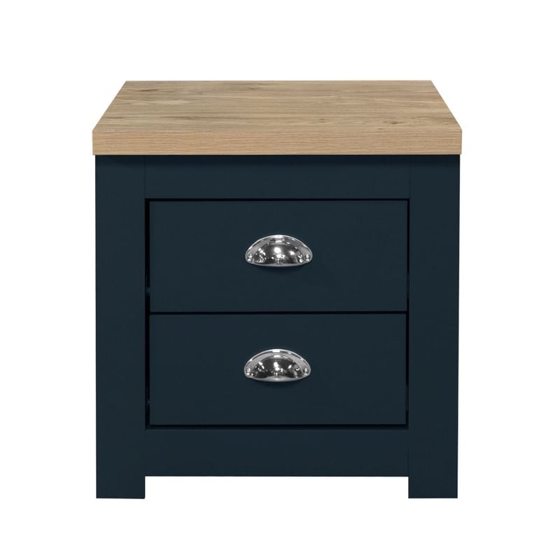 Highgate Navy Blue/Oak 2 Drawer Bedside Table | Happy Beds