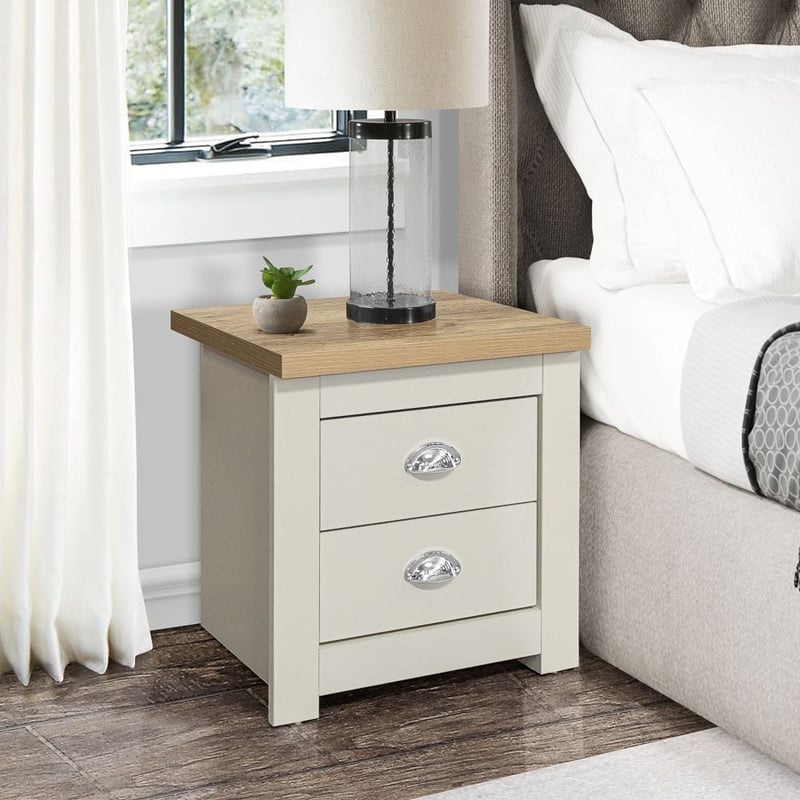 Highgate Cream and Oak Wooden 2 Drawer Bedside Table