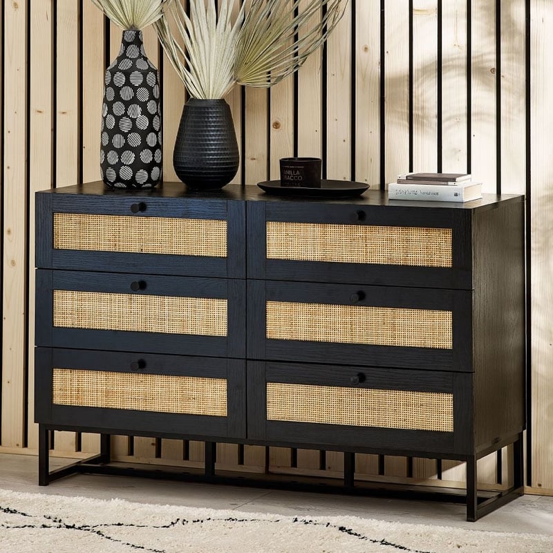Padstow Black Rattan 6 Drawer Wooden Chest | Happy Beds