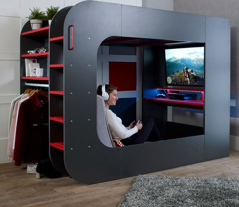 PodBed Grey and Red Gaming High Sleeper with Grey Sofa