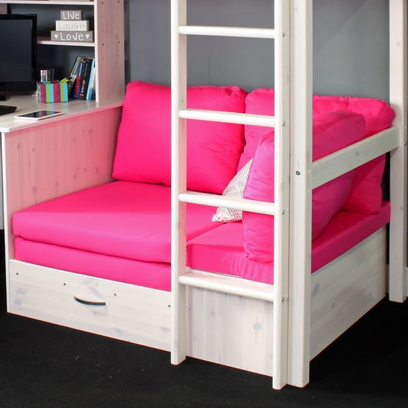 Hit White Wooden High Sleeper with Pink Futon | Happy Beds