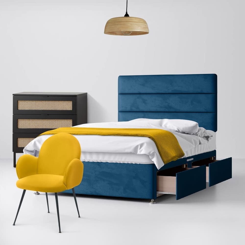 Blue Velvet Divan Bed & Cornell Line Headboard | Happy Beds