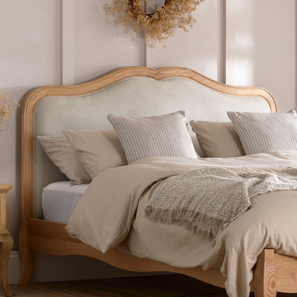 Alana Stone Fabric and Oak Wooden Bed | Happy Beds