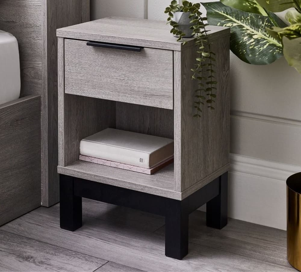 Bali Grey Oak 1 Drawer Wooden Bedside Table | Happy Beds
