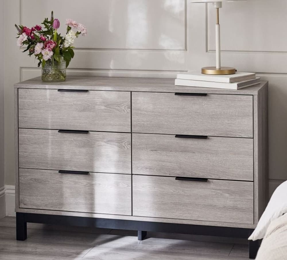 Bali Grey Oak 6 Drawer Wide Wooden Chest Happy Beds