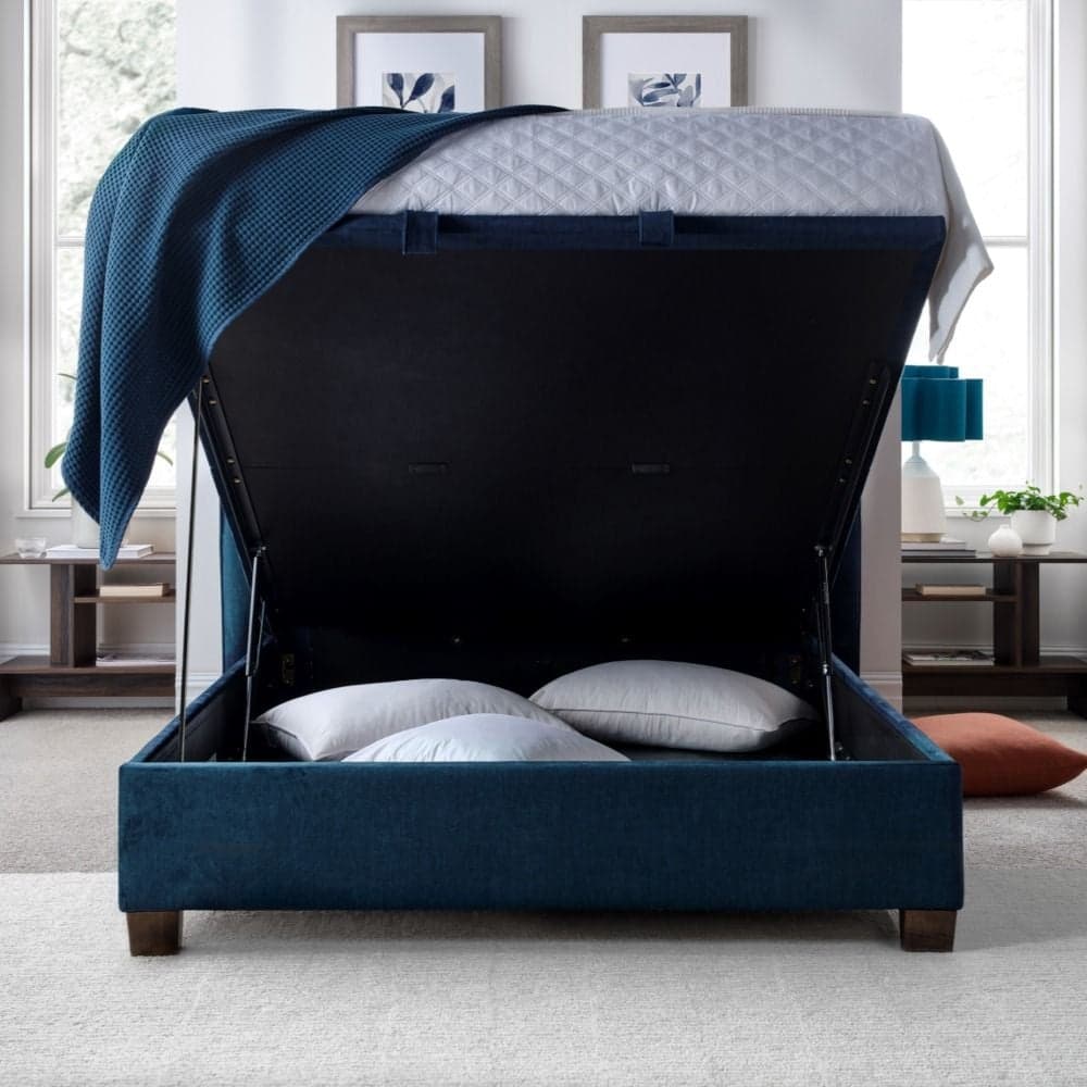Brunton Blue Velvet Winged Ottoman Bed | Happy Beds