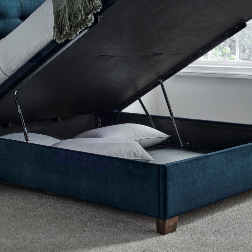 Brunton Blue Velvet Winged Ottoman Bed | Happy Beds