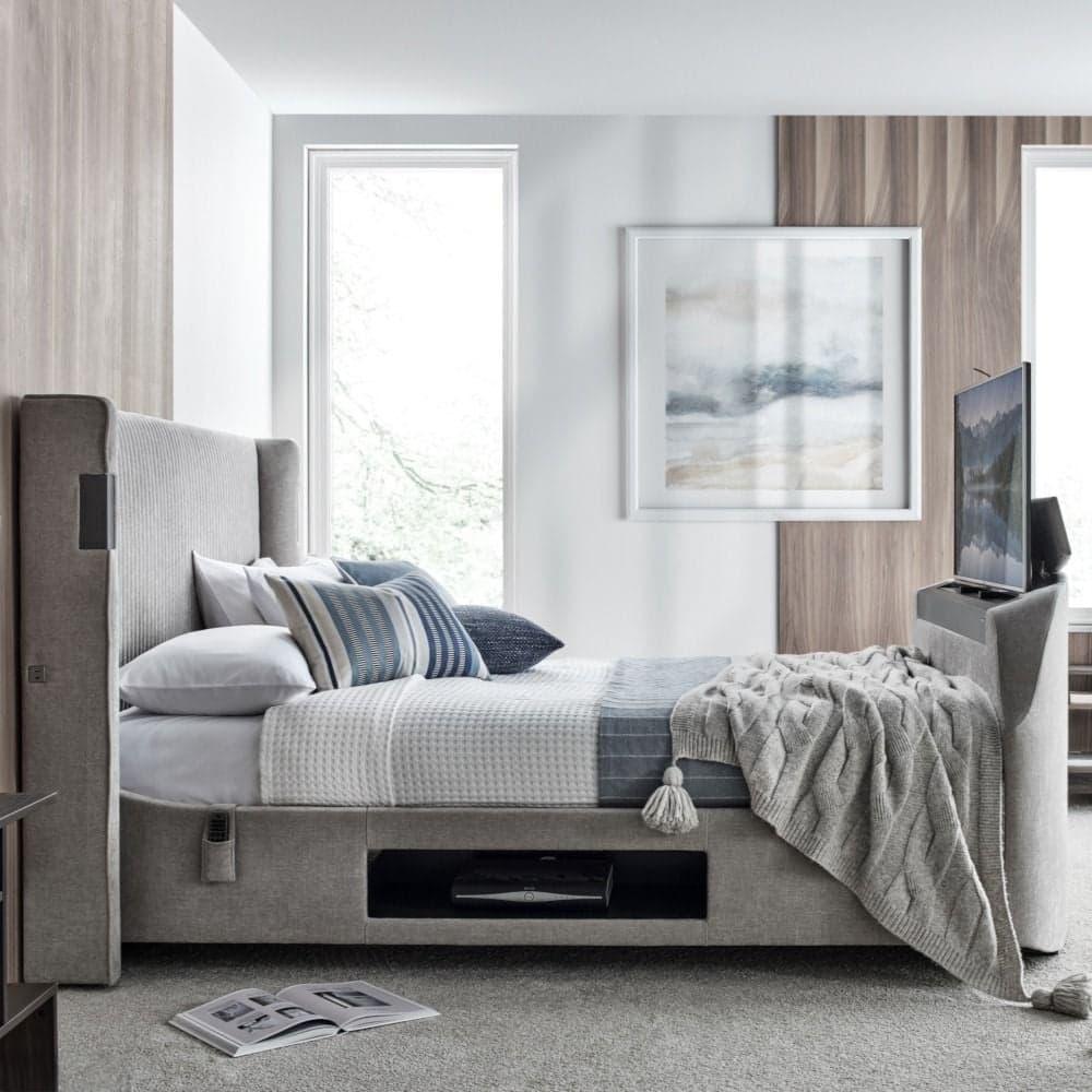 Darras Light Grey Fabric Electric Media TV Bed | Happy Beds