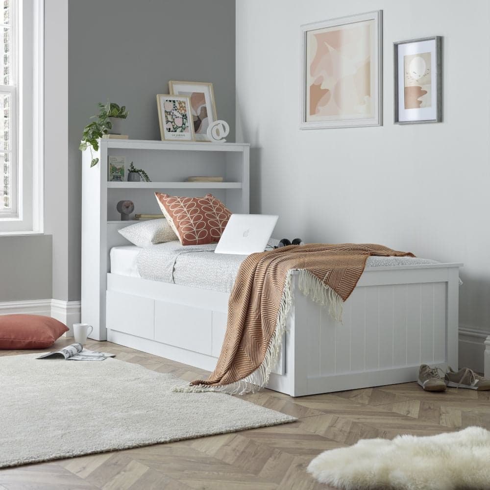 Enzo White Wooden 3 Drawer Bookcase Storage Bed Happy Beds