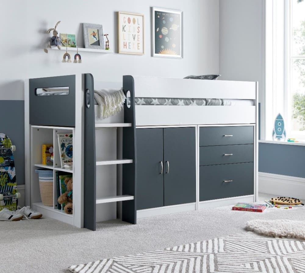 Lacy Grey and White Wooden Storage Midsleeper Bed | Happy Beds