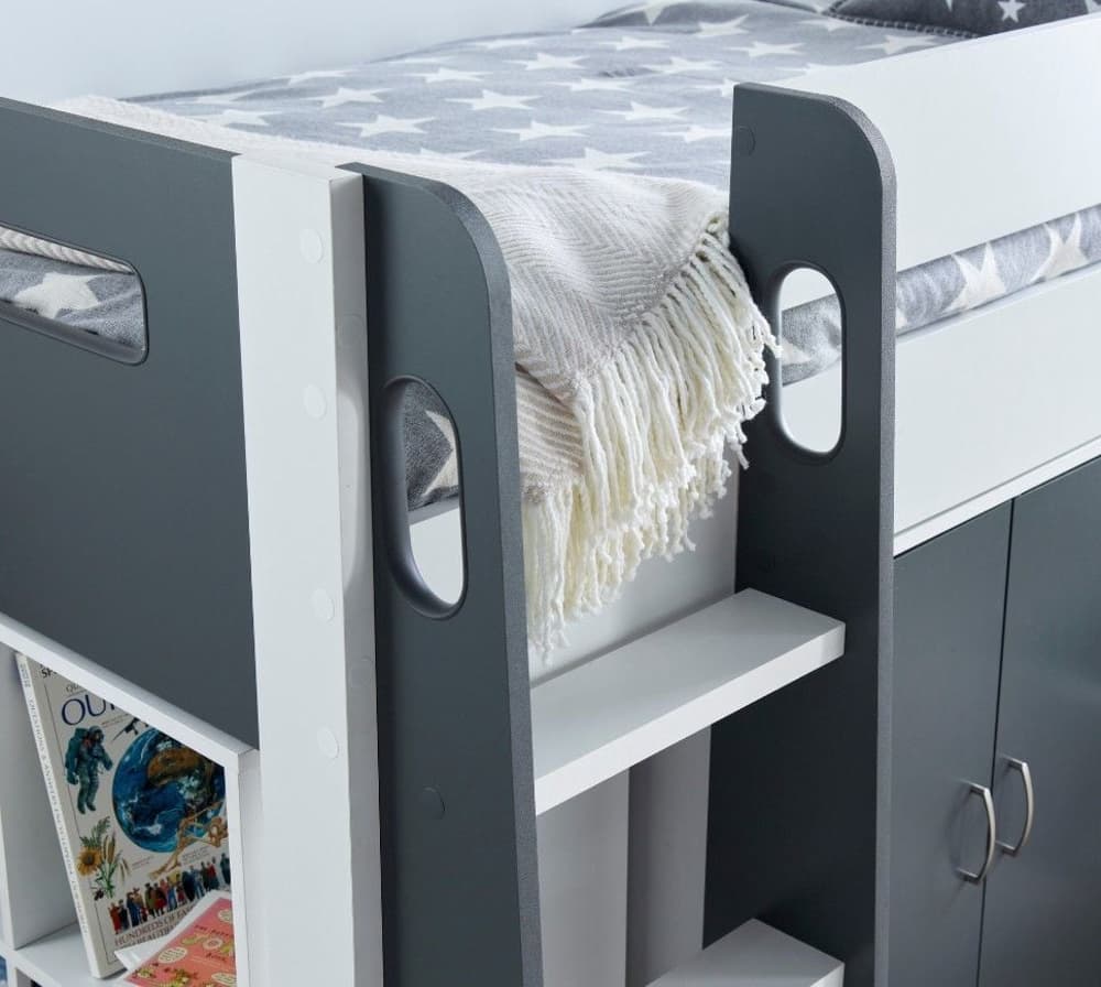 Lacy Grey and White Wooden Storage Midsleeper Bed | Happy Beds