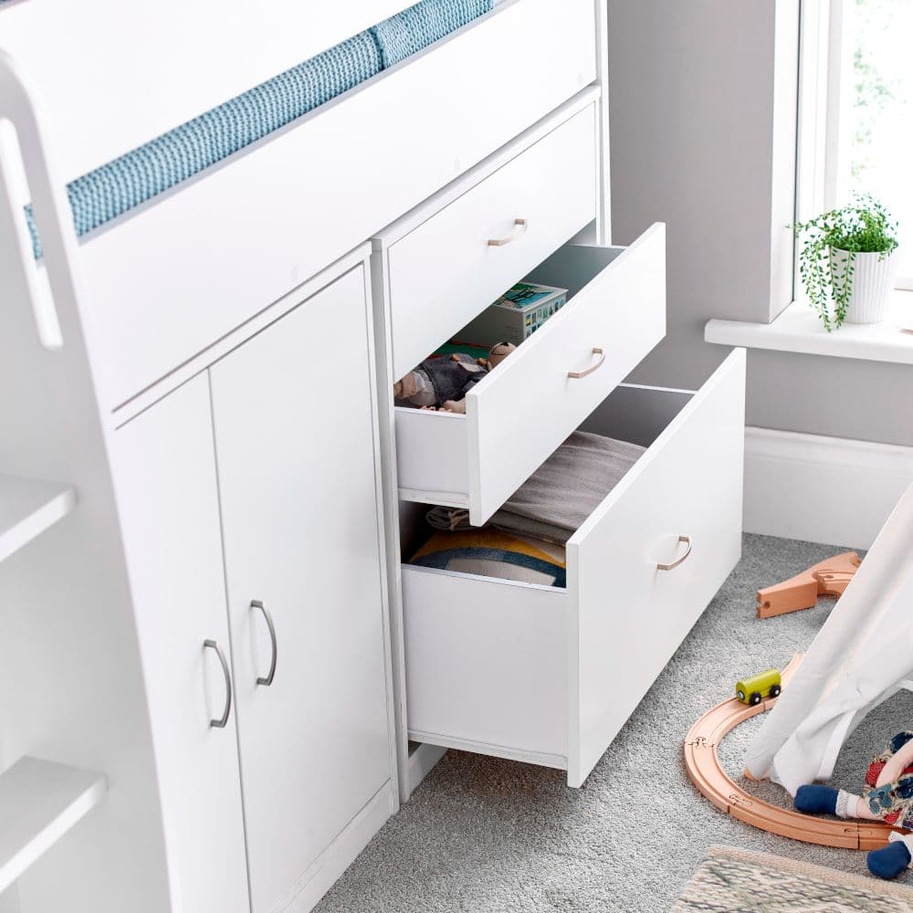 Lacy White Wooden Storage Midsleeper Bed | Happy Beds