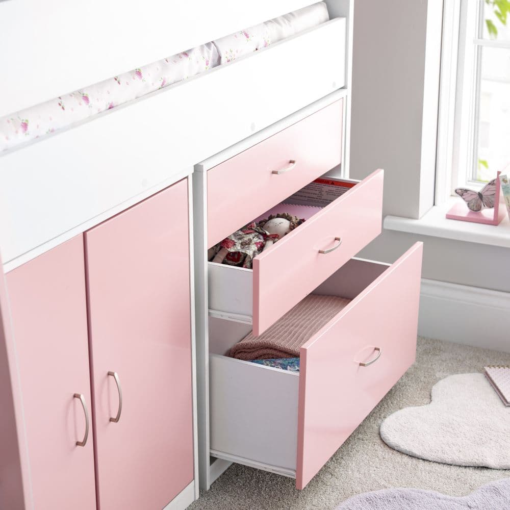 Lacy White/Pink Wooden Storage Midsleeper Bed | Happy Beds
