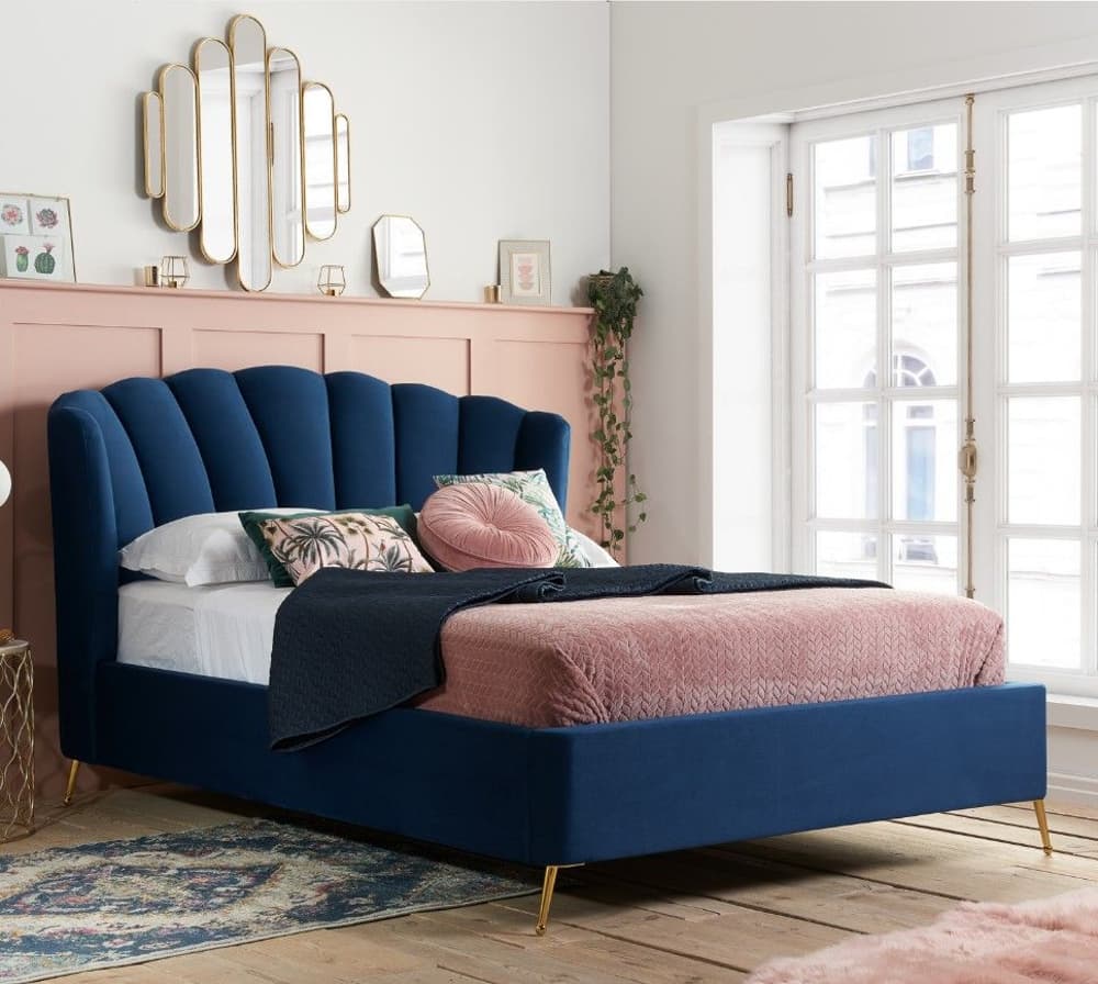 Lottie Blue Velvet Winged Ottoman Storage Bed | Happy Beds