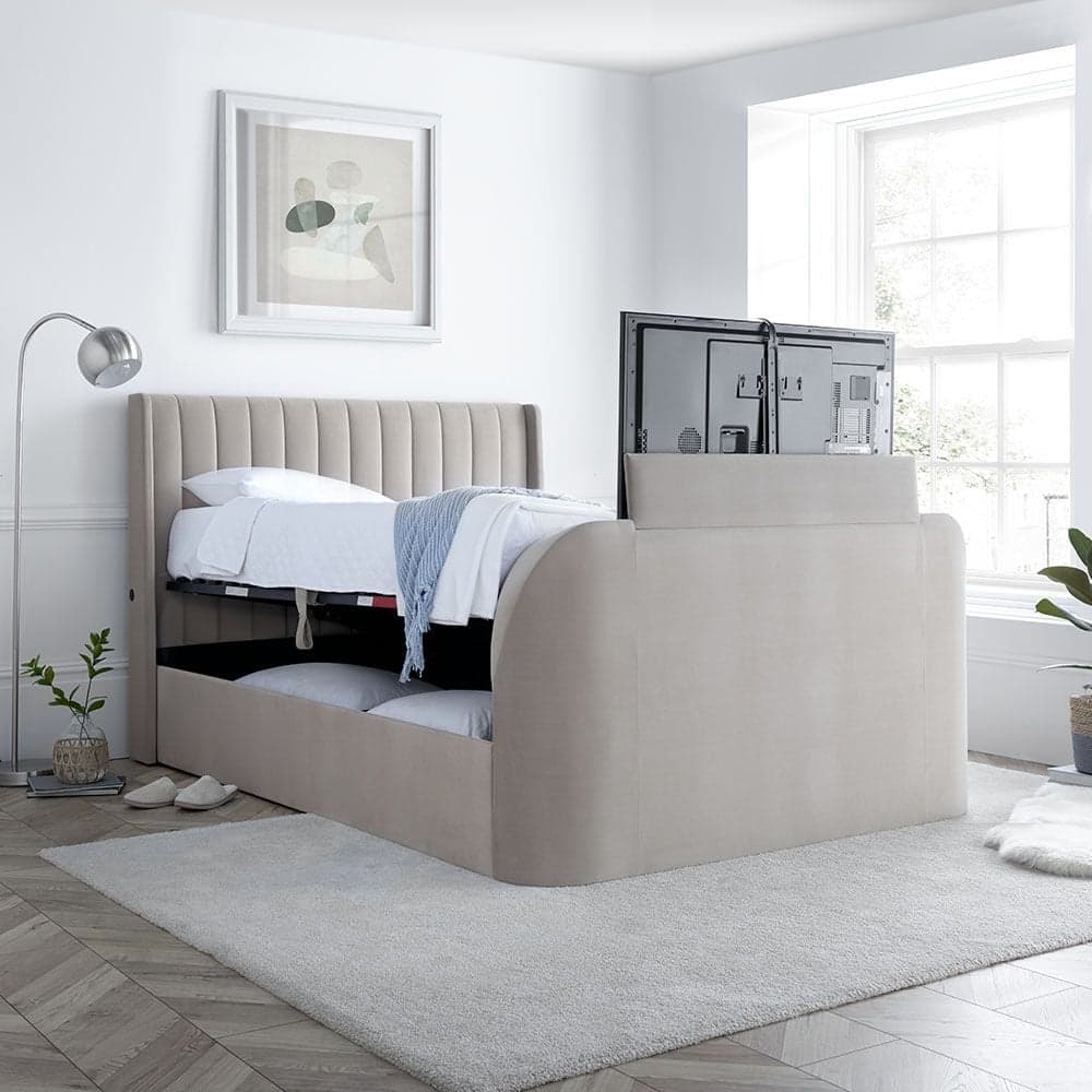 Luther Warm Stone Winged Ottoman TV Bed | Happy Beds