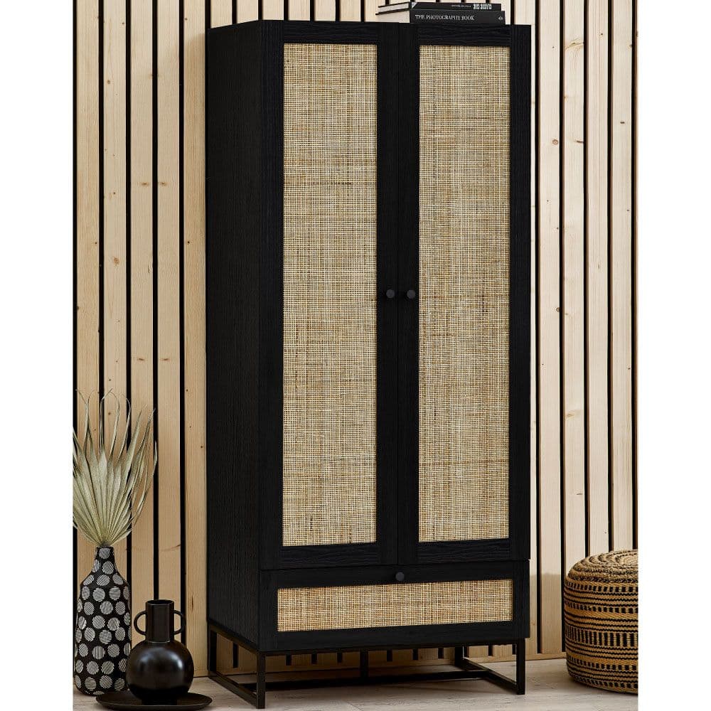 Padstow Black and Rattan Combination Wardrobe | Happy Beds