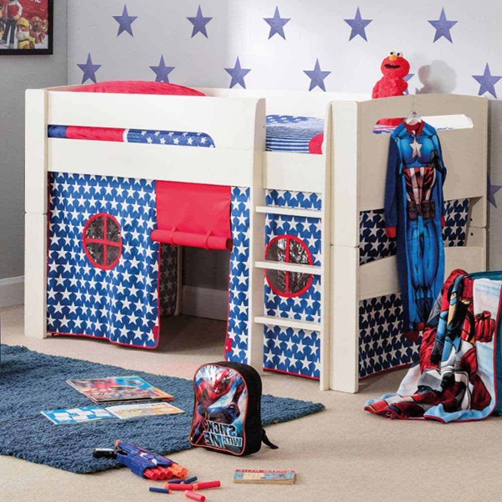 Pluto Stone White Mid Sleeper & Starry Blue Tent | Happy Beds