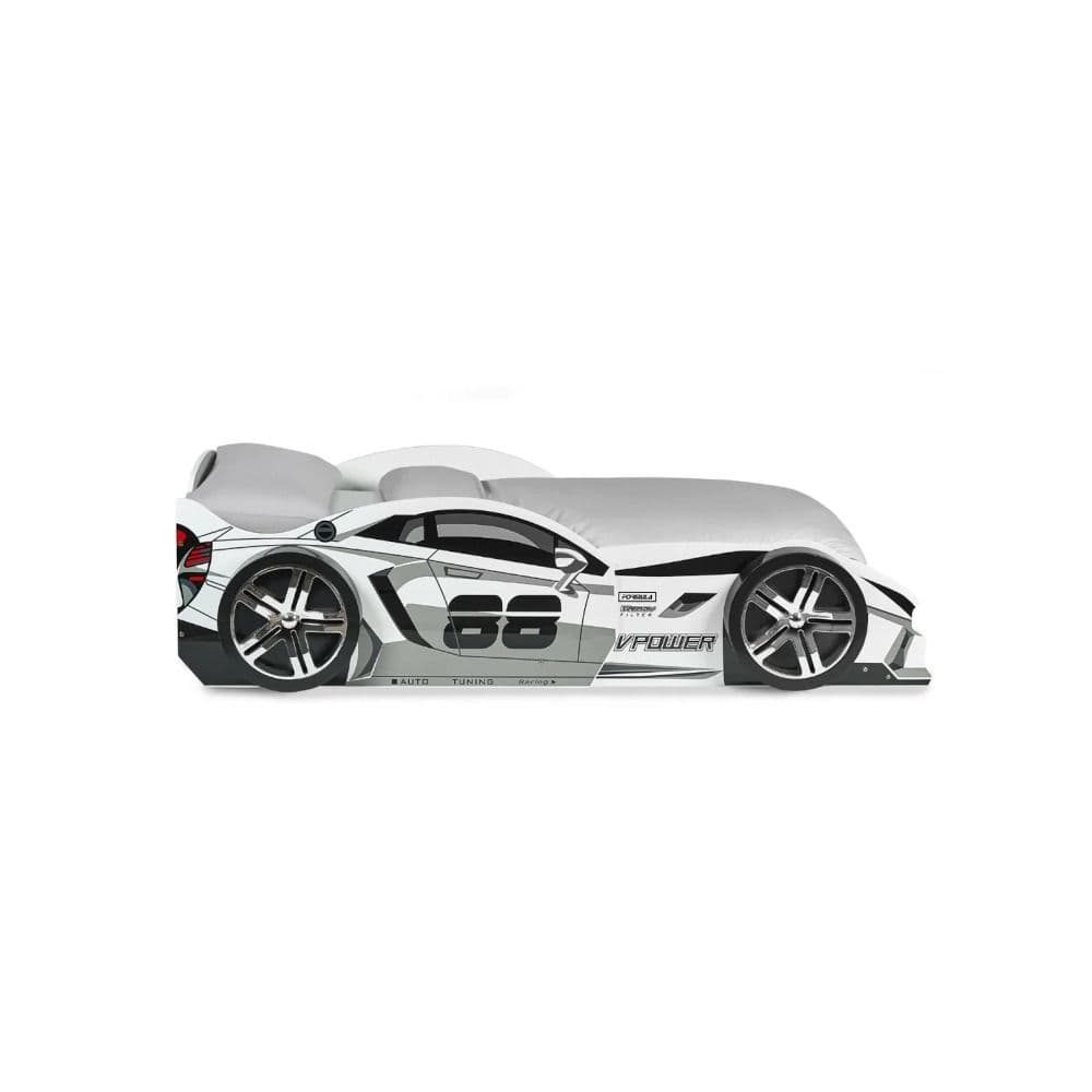 Storm White and Grey Wooden Racer Car Kids Bed | Happy Beds