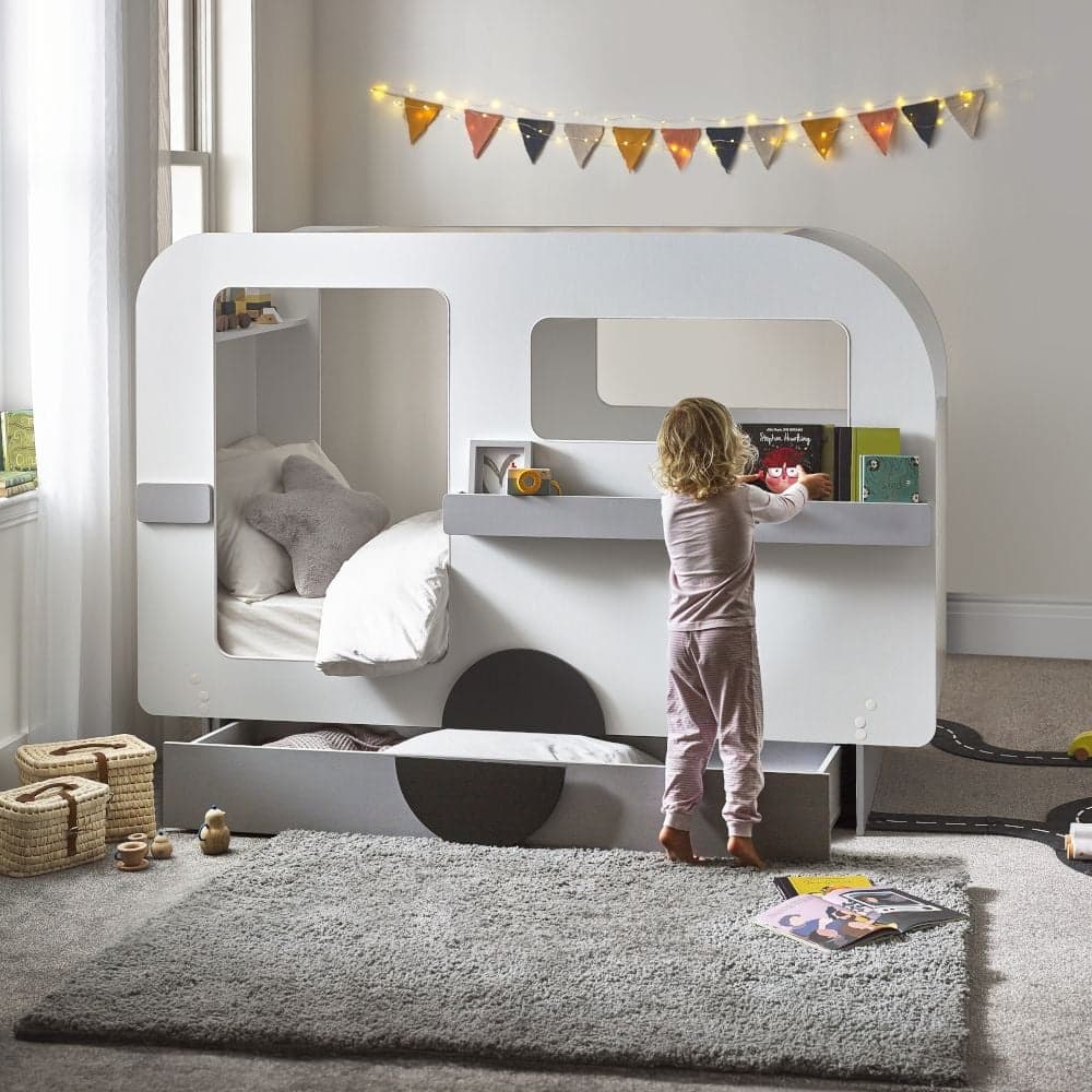 Tourer Grey and White Wooden Caravan Storage Kids Bed | Happy Beds