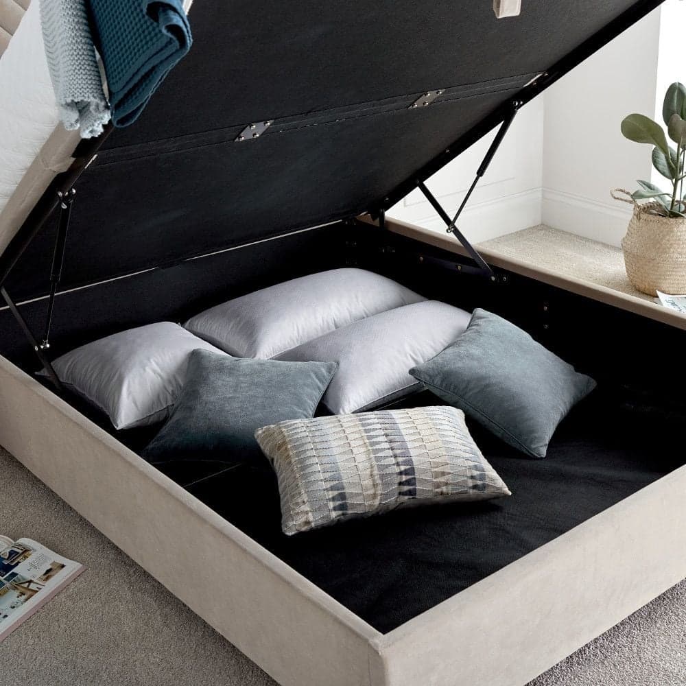 Watson Warm Stone Fabric Ottoman Bed Frame | Happy Beds