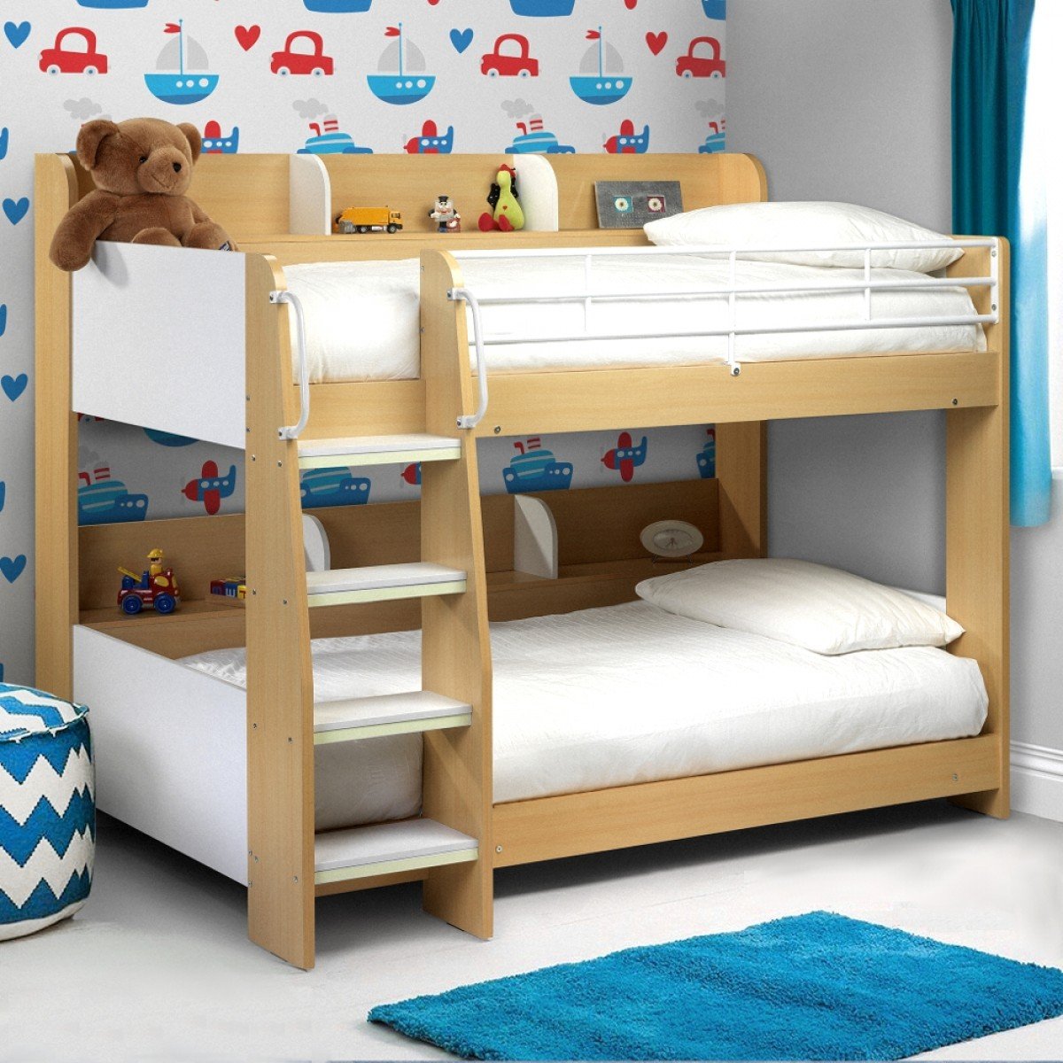 Domino Maple and White Finish Wooden and Metal Kids Storage Bunk Bed Domino Maple and White Finish Wooden and Metal Kids Storage Bunk Bed