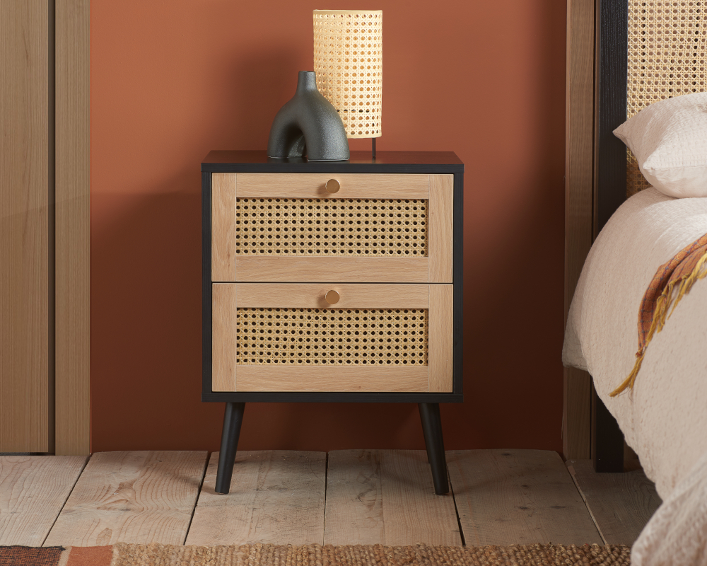 Croxley Black 2 Drawer Rattan Bedside Table Happy Beds